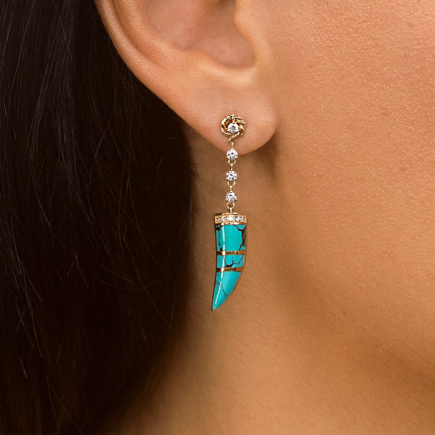 Stone Horn Earring - White Diamond and Turquoise / 14k Yellow Gold ...
